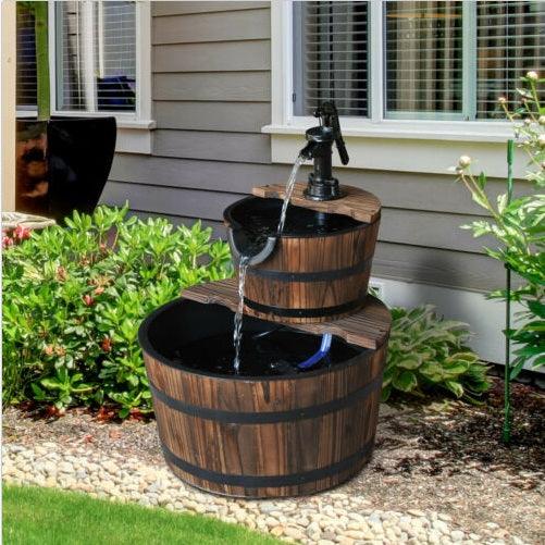 2 Tier Rustic Wooden Barrel Water Fountain with Pump