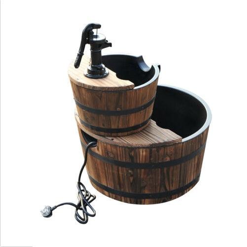 2 Tier Rustic Wooden Barrel Water Fountain with Pump