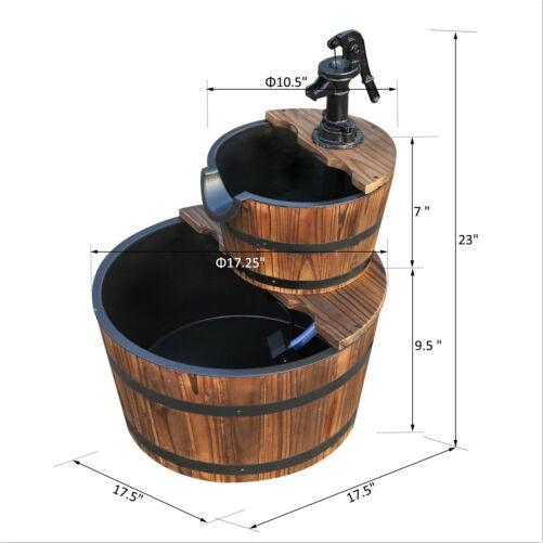 2 Tier Rustic Wooden Barrel Water Fountain with Pump