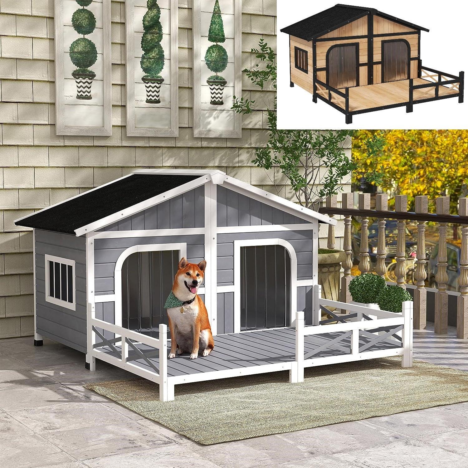59 x 64 x 39 Inch Wooden Cabin Style Dog House for Small and Medium Dogs