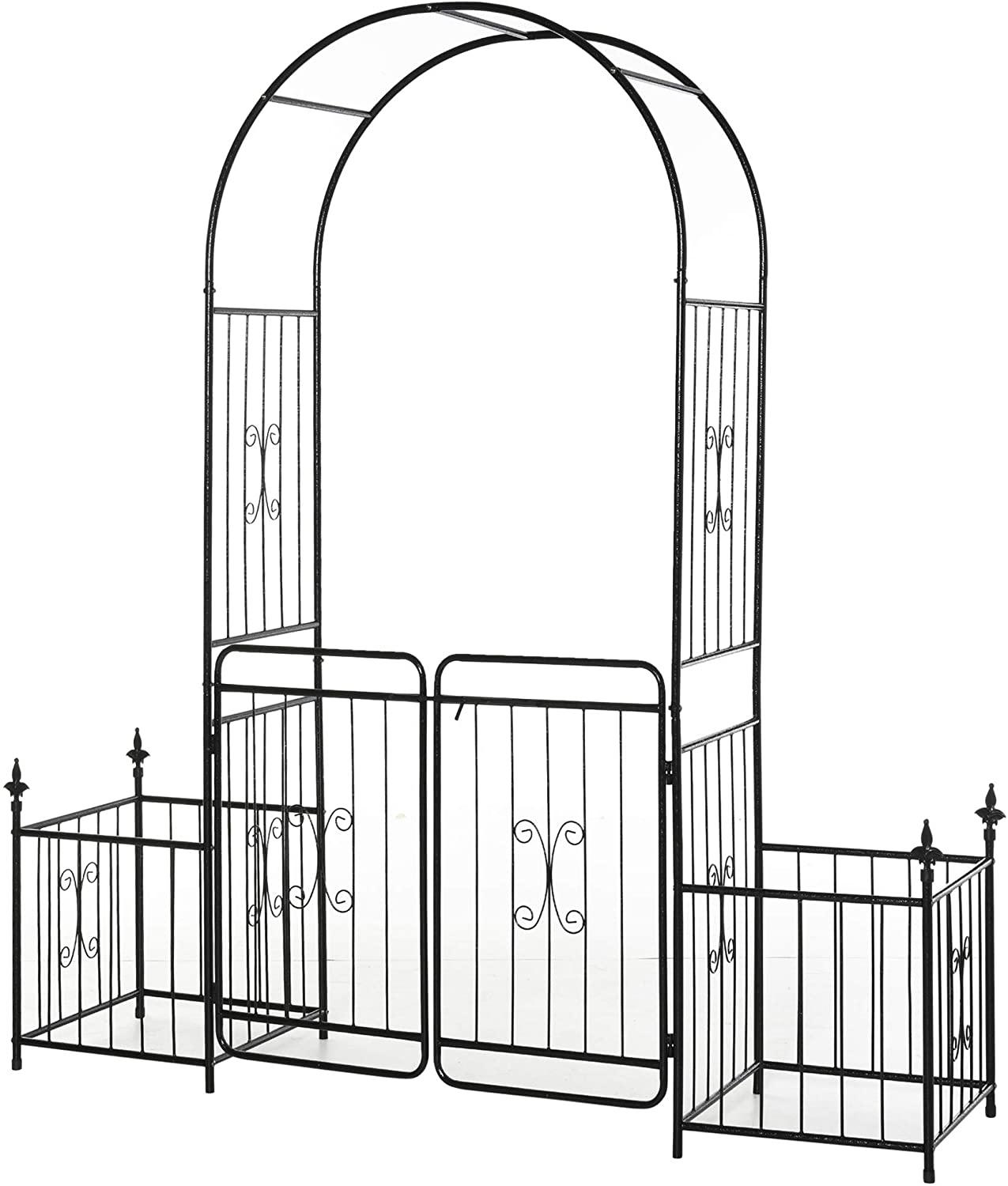 87 Inch Metal Garden Arch with Double Doors 2 Side Planter Baskets