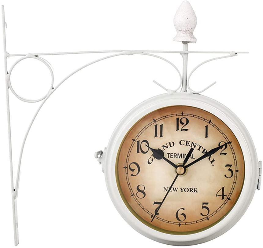 Double Sided Metal Hanging Wall Clock In Vintage Train Station Design