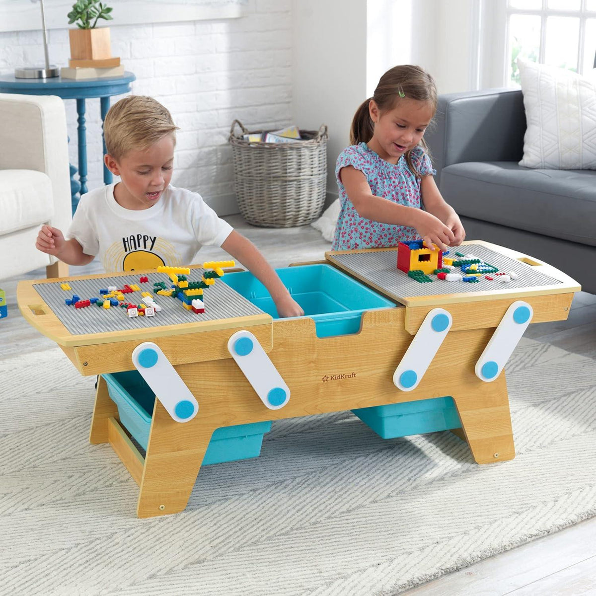 Little Builder Bricks Wooden Activity Storage Table with Bins and Over ...